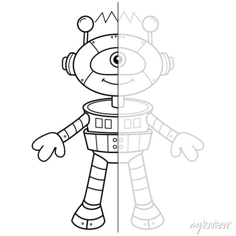 Draw Symmetrically Coloring Page Outline Of Cartoon Robot Coloring Canvas Prints For The Wall