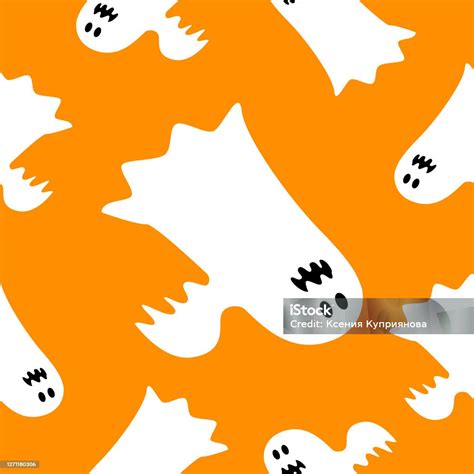 주황색 배경에 흰색 유령이있는 매끄러운 패턴 간단한 만화 스타일 귀엽고 재미있습니다 할로윈 장식 무서운 소름 생물 엽서 벽지 직물 및 포장지용 10월에 대한 스톡 벡터 아트