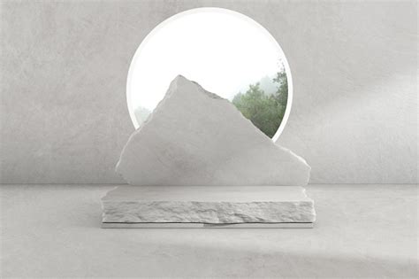 제품 프리젠 테이션을위한 큰 원 창과 돌 연단 콘크리트 방의 3d 렌더링 받침대 또는 플랫폼 연단에 대한 스톡 사진 및 기타 이미지 Istock