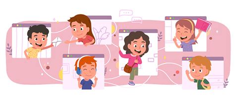 소셜 네트워크 연결 개념 소년 여자 아이들은 온라인으로 통신 앱 창에 있는 친구 어린이는 이메일을 보내고 인터넷에서 회의를