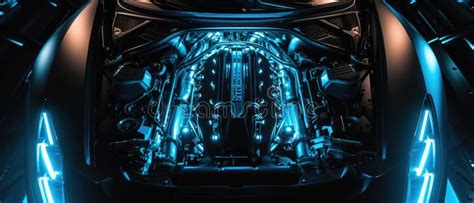 Close Up Of Advanced Sports Car Engine Under Glass Cover Stock