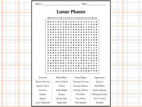 Lunar Phases Word Search Puzzle Worksheet Activity Teaching Resources