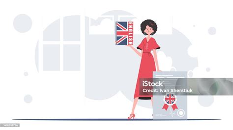 영어 학습의 개념 한 여성이 영어 사전과 증명서를 손에 쥐고 있습니다 트렌디 한 평면 스타일 벡터 강당에 대한 스톡 벡터 아트 및 기타 이미지 Istock