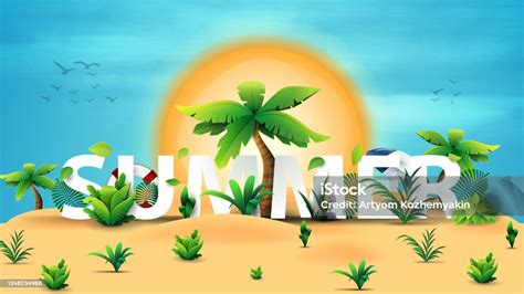 당신의 예술에 대한 사막의 흰색 제목과 열대 요소여름 3d 텍스트 배너 디자인 사막 야자수 열대 덤불 수평선에 큰 태양과 맑은 푸른 하늘여름 그림 3차원 형태에 대한 스톡