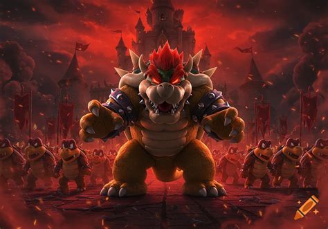Menacing Bowser Leads An Army Of Koopas In Front Of A Dark Castle Under