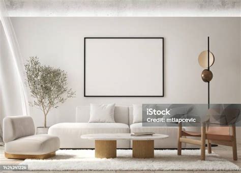 현대적인 인테리어 배경 거실 스칸디나비아 스타일 3d 렌더 3d 일러스트레이션의 포스터 프레임을 모의 액자에 대한 스톡 사진 및 기타 이미지 Istock