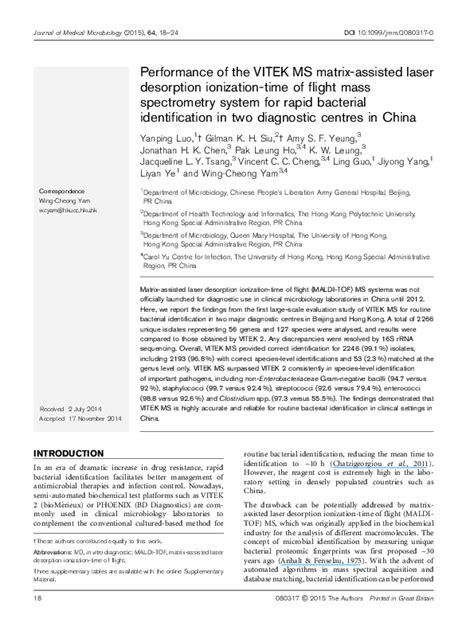 Pdf Performance Of The Vitek Ms Matrix Assisted Laser Desorption Ionization Time Of Flight