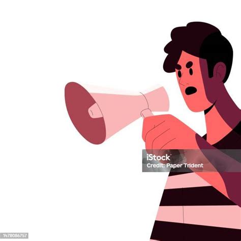 화난 스피커가 소리를 지르며 확성기로 말합니다 활동가들은 확성기를 손에 들고 연설합니다 불만 캐릭터 소뿔을 들고 있는 시위자 흰색 배경에 격리된 평면 벡터 그림