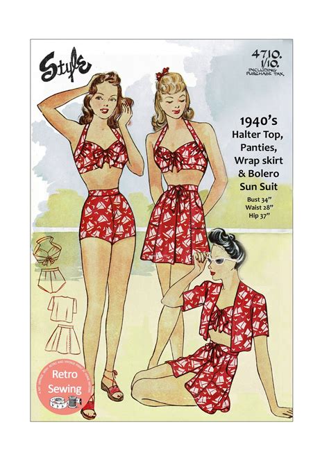 1940s Pin Up Swimsuit Skirt And Bolero Bust 34 Pdf Pattern Etsy