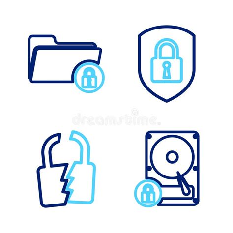 Set Line Hard Disk Drive And Lock Broken Or Cracked Shield Security With And Folder Icon