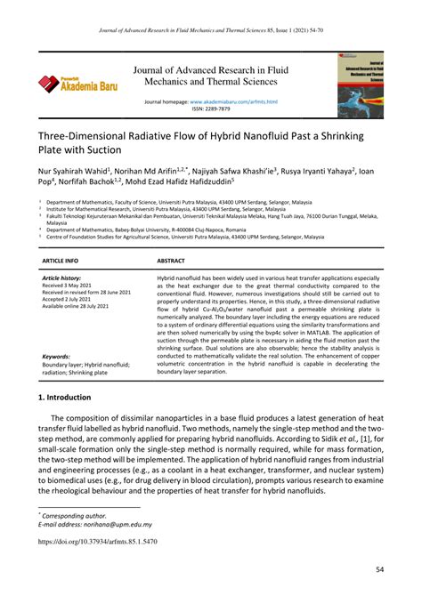 Pdf Three Dimensional Radiative Flow Of Hybrid Nanofluid Past A Shrinking Plate With Suction
