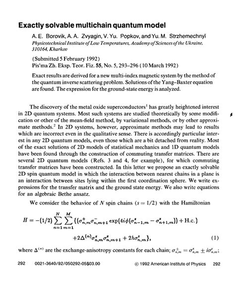 Pdf Exactly Solvable Multichain Quantum Model