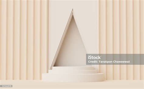추상 최소 디스플레이 연단의 3d 렌더링은 제품 화장품 프레젠테이션 및 모형을 보여줍니다 파스텔 지구 톤 배경의 쇼케이스 장면 조명 된 단순한 기하학적 모양 3차원 형태에
