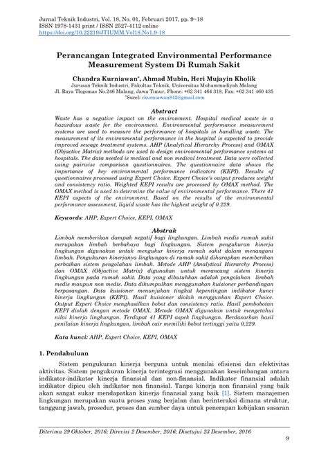 Pdf Perancangan Integrated Environmental Performance Measurement System Di Rumah Sakit
