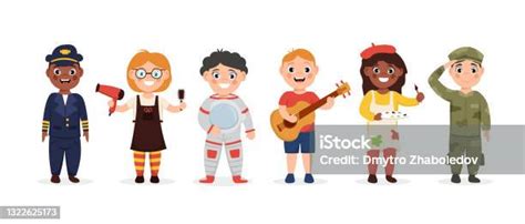 다양한 직업에서 귀여운 아이들의 세트 전문 장비와 유니폼을 입고 미소 짓는 소년과 소녀 아이에 대한 스톡 벡터 아트 및 기타 이미지 아이 직업 다양 Istock