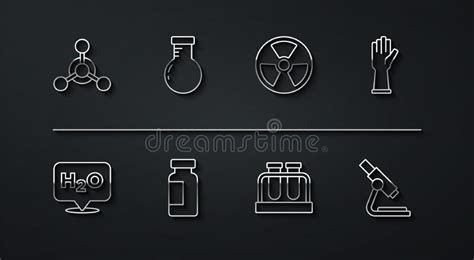 Set Line Molecule Chemical Formula For H2o Medical Rubber Gloves Test Tube And Flask