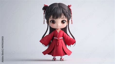 Full Body 3d Rendering Of A Cute Girl In A Red Hanfu Dress Created In