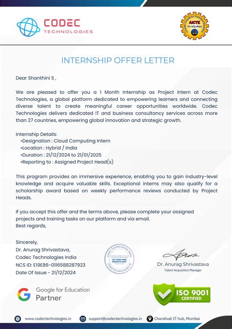 Internship Codec Learning Gratitude Shanthini S