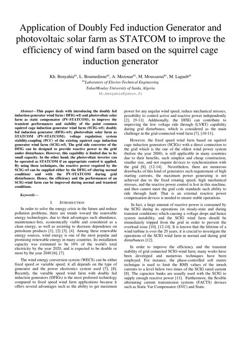 Pdf Application Of Doubly Fed Induction Generator And Photovoltaic Solar Farm As Statcom To