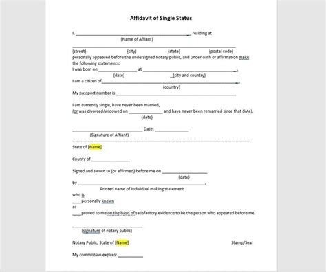 Affidavit Of Single Status Notary Form Affidavit Of Single Status Form Template Simple Notary
