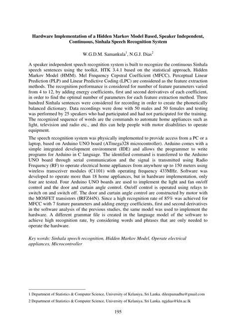 Pdf Hardware Implementation Of A Hidden Markov Model Based Speaker Independent Continuous