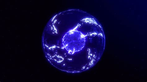 마법 프랙탈의 코어가 있는 플라즈마의 빛나는 파란색 보라색 액체 공 밝게 빛나는 입자의 필드로 둘러싸인 에너지 구체 어두운 배경에 흐르는 구슬 Fjuid 불타는 듯한에 대한