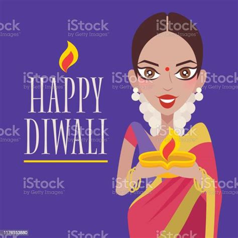 해피 디왈리 아름다운 인도 여자 손 들고 Diya 오일 램프 디왈리를 축하 Deepavali에 대한 전통적인 사리기도 벡터 문자 공휴일에 대한 스톡 벡터 아트 및 기타