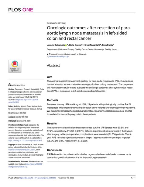 Pdf Oncologic Outcomes After Resection Of Para Aortic Lymph Node Metastasis In Left Sided