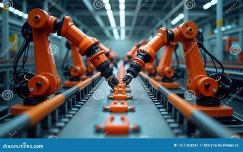 Orange Robotic Arms Precisely Assemble Components On Modern Conveyor