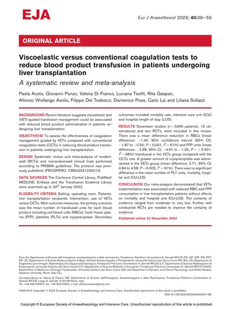 Pdf Viscoelastic Versus Conventional Coagulation Tests To Reduce