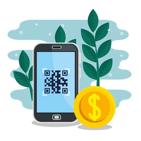 Qr Code Inside Smartphone Leaves And Coin Vector Design 4627954 Vector Art At Vecteezy