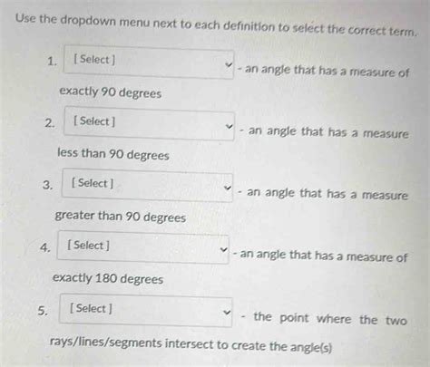 Use The Dropdown Menu Next To Each Definition To Select The Correct Term Select Math