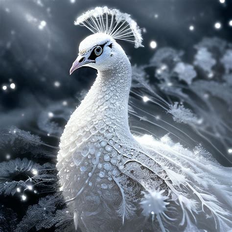 🦚 ️ ️ White Peacock Made Of Fine Openwork Ice Threads Of Cobwebs
