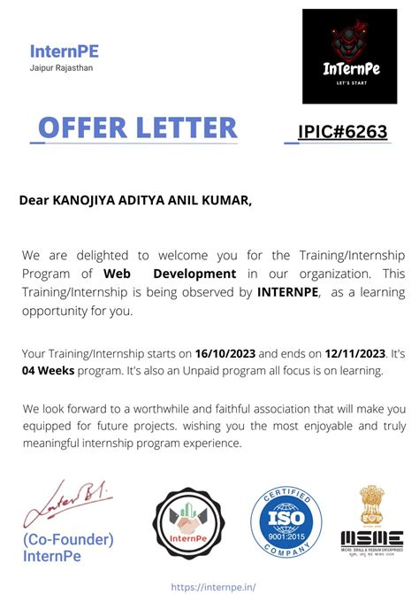 aditya kanojiya on linkedin intern internpe msme iso