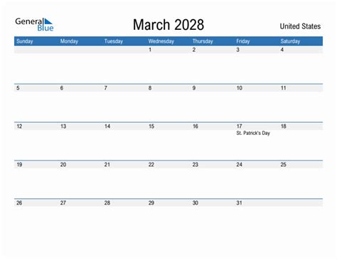 March 2028 Monthly Calendars With United States Holidays