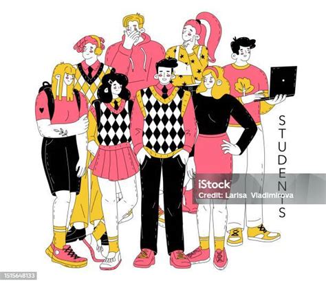 학생 그룹입니다 교육과 대학 생활을 주제로 한 사람들의 구성 수요가 많은 직업을 가르치고 있습니다 새로운 세대의 젊은이들 벡터 그림입니다 일러스트레이션에 대한 스톡 벡터