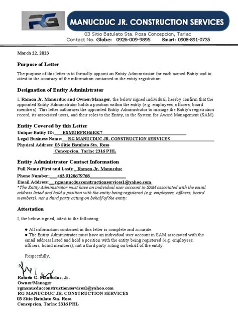 Sam Entity Administrator Letter Template3 International No Banking Info