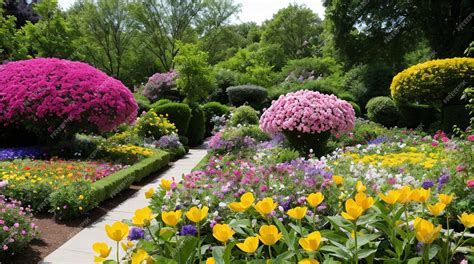 Premium Ai Image A Garden With Flowers And A Walkway With A Walkway