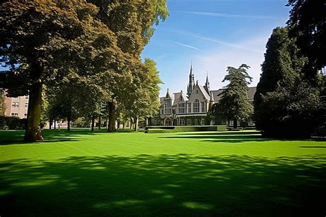 Picturesque Garden In A Lawn With Trees And Flowers Background Picture