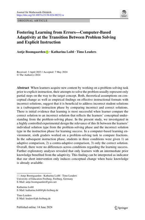 Pdf Fostering Learning From Errors—computer Based Adaptivity At The Transition Between Problem