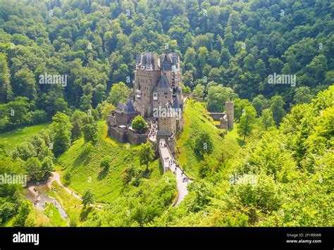 Aerial Panoramic View Of Eltz Castle And Forest Rhineland Palatinate