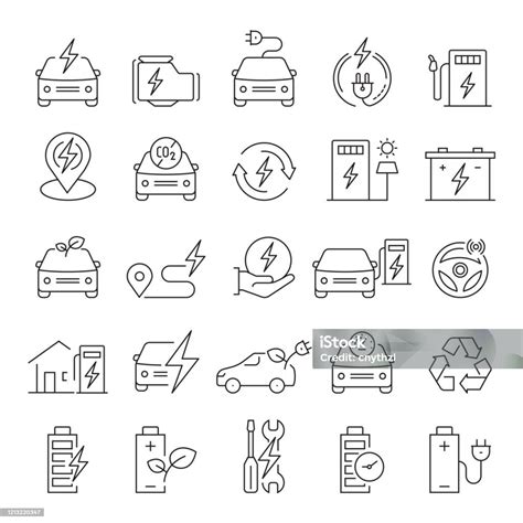 전기 자동차 관련 라인 아이콘의 집합입니다 편집 가능한 스트로크입니다 간단한 윤곽선 아이콘입니다 아이콘에 대한 스톡 벡터 아트 및 기타 이미지 Istock