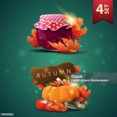 가을 3d 아이콘 세트 잼 항아리 단풍 나무 잎 야채 수확 및 나무 표지판 10월에 대한 스톡 벡터 아트 및 기타 이미지 10월 3차원 형태 가을 Istock