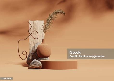 베이지색에 3d 연단 디스플레이 돌 나무와 마른 팜파 잔디 배경 브라운 화장품 미용 제품 프로모션 바위 받침대 와 그림자 내추럴 쇼케이스 추상 최소 스튜디오 3d 렌더링