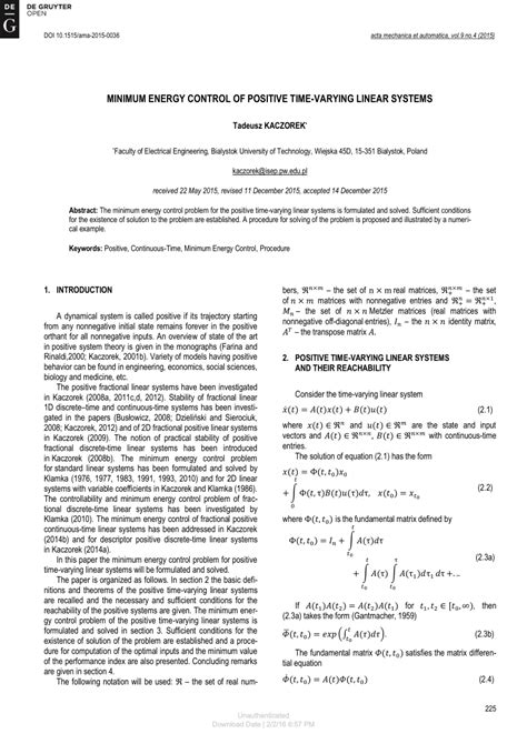 Pdf Minimum Energy Control Of Positive Time Varying Linear Systems