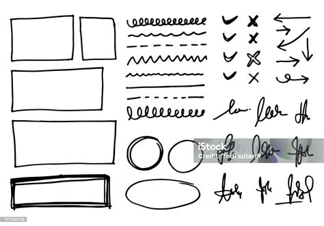 벡터 선과 곡선을 낙서합니다 손으로 그린 서명 수표 및 화살표 기호 간단한 낙서 선 곡선 프레임 및 반점 세트입니다 연필 효과 모음입니다 낙서 테두리 간단한 낙서 세트 낙서