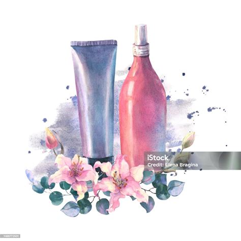 수채화 그림입니다 샴푸와 헤어 밤은 꽃과 수채화 회색 스플래시 흰색 배경에 격리되어 있습니다 미용실 스티커 지문 포스터 디자인