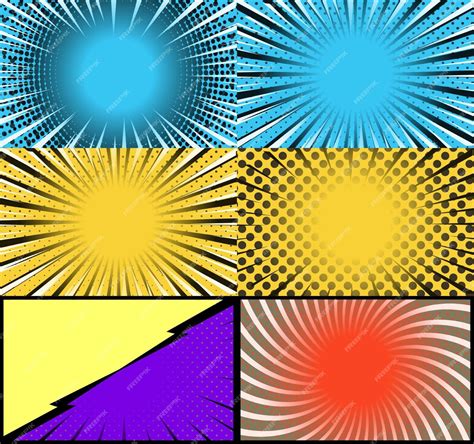 광선 방사형 하프톤 및 점선 효과 팝 아트 스타일이 포함된 만화책 다채로운 프레임 배경 무료 벡터