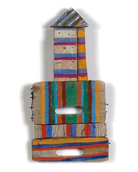 Multicolored Wooden Block Assemblage With House Sculpture