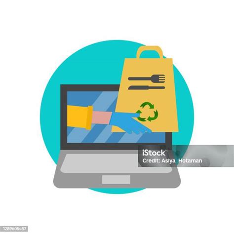 소포 배달 서비스 온레인 주문 쇼핑 전자 상거래 개념 안전한 배달 장갑에 손을 노트북을 통해 음식과 함께 가방을 전달합니다 웹 사이트 모바일 앱에 대한 기호입니다 플랫